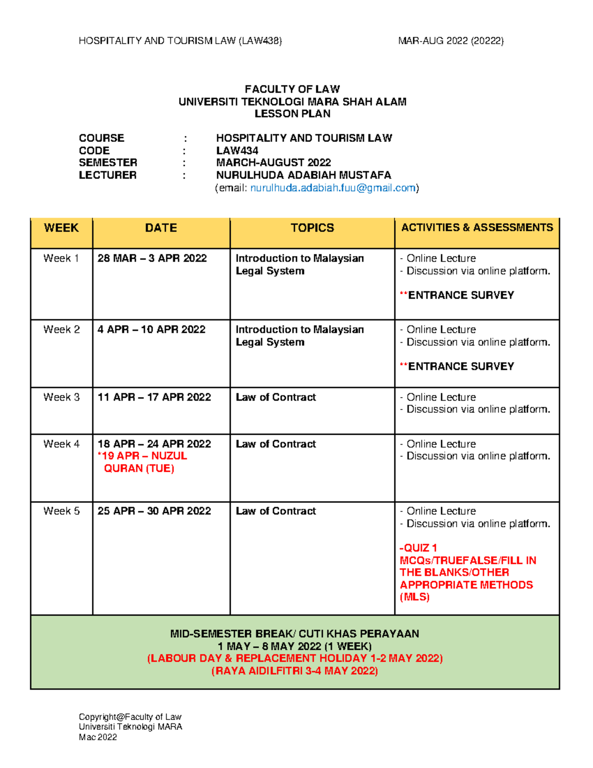 LAW438 Lesson PLAN 20222 - Copyright@Faculty of Law Universiti ...