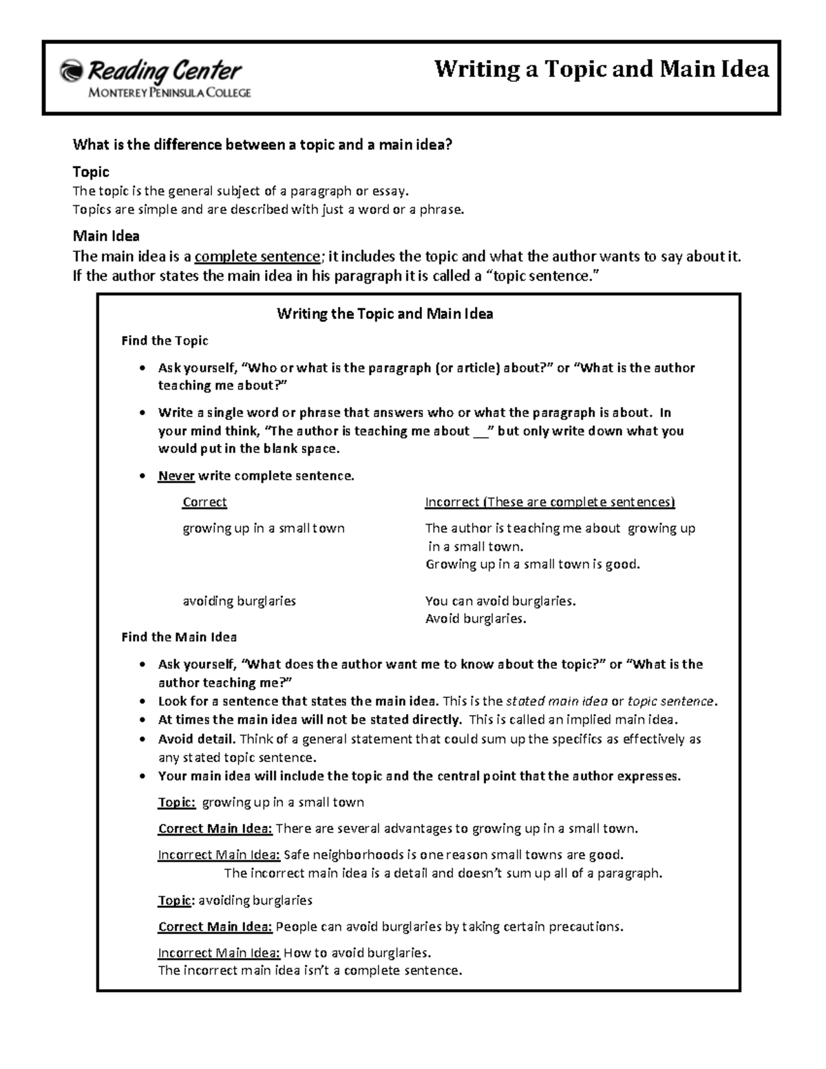 Topicvs Mainidea - Writing a Topic and Main Idea What is the difference ...