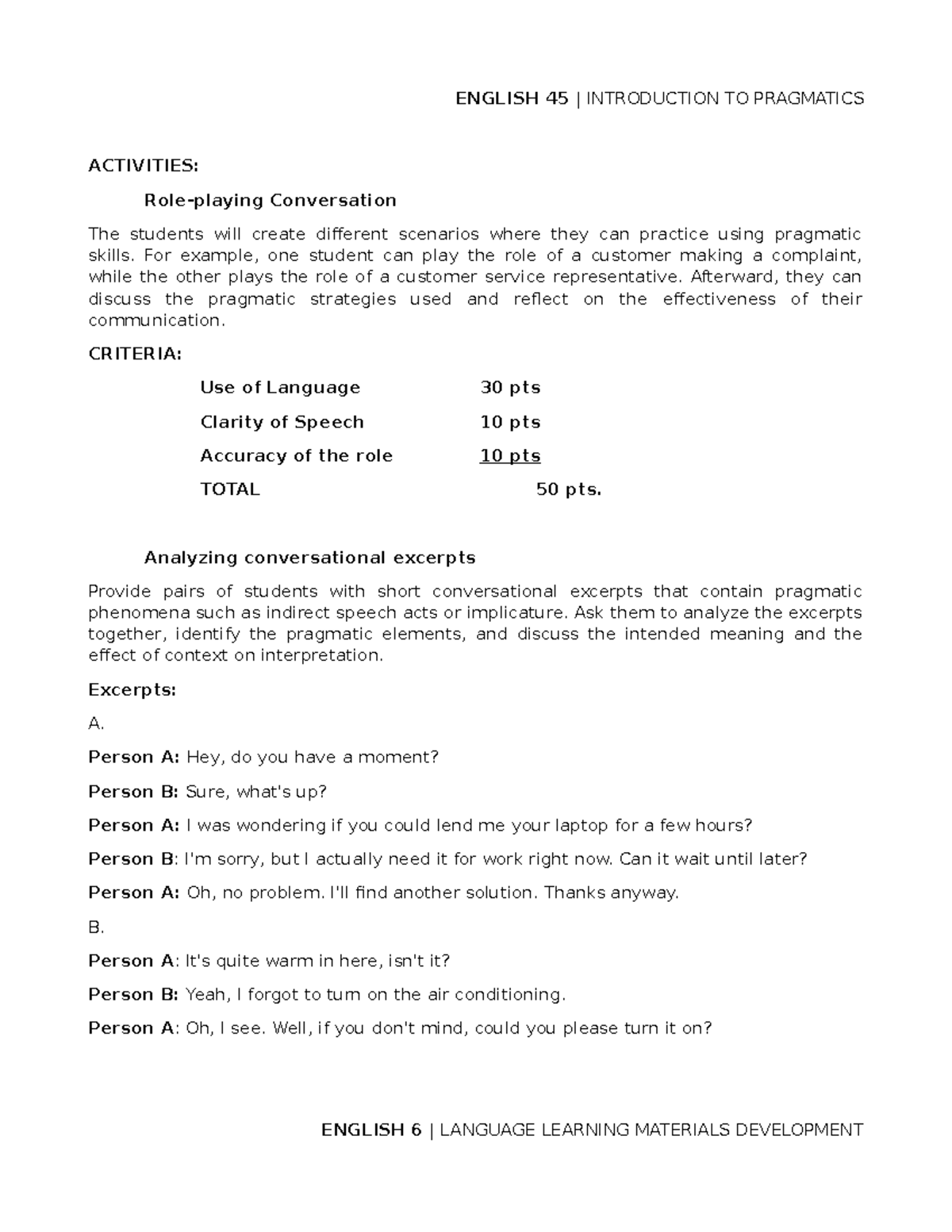 2024 additional activities - ENGLISH 45 | INTRODUCTION TO PRAGMATICS ...