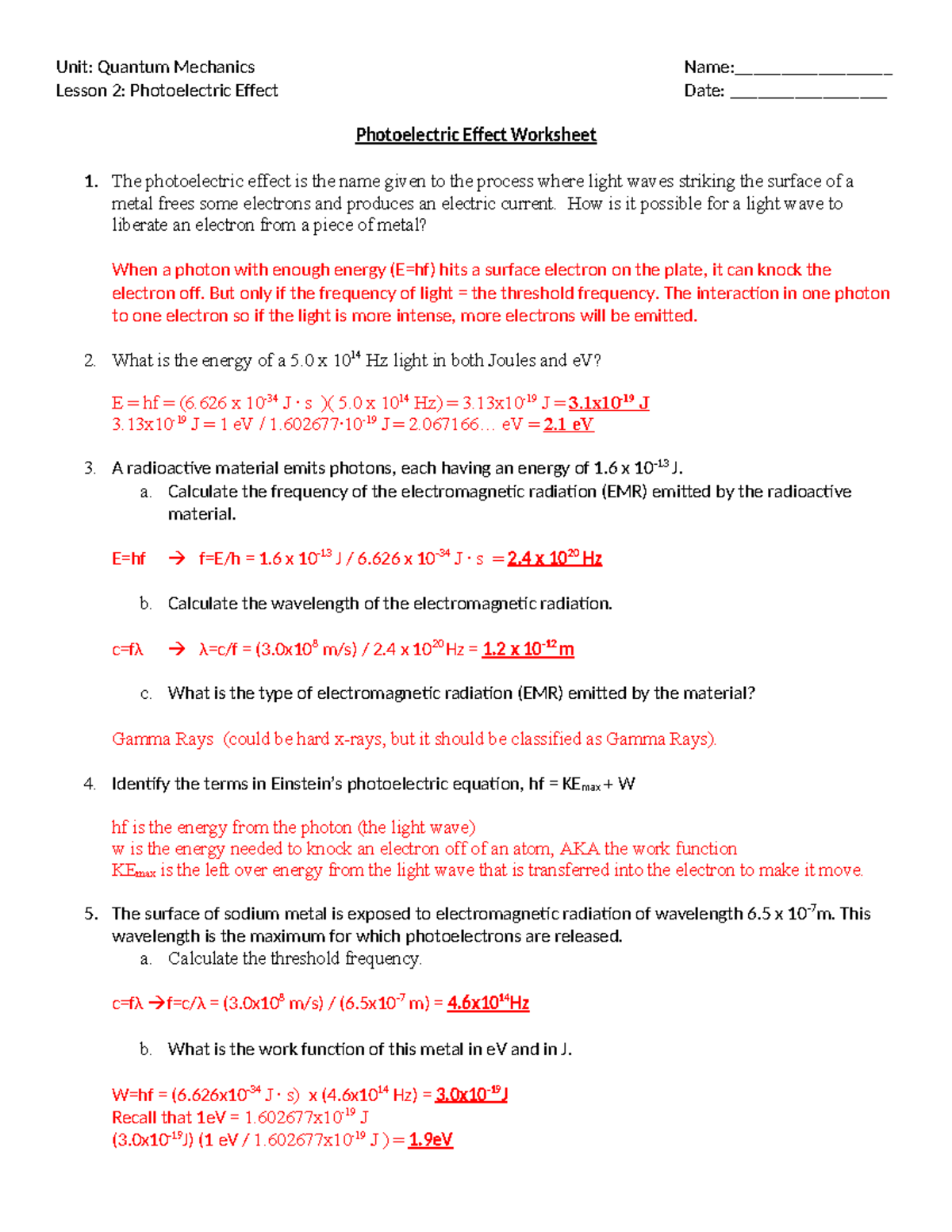 Photo Electric effect - Unit: Quantum Mechanics Name ...