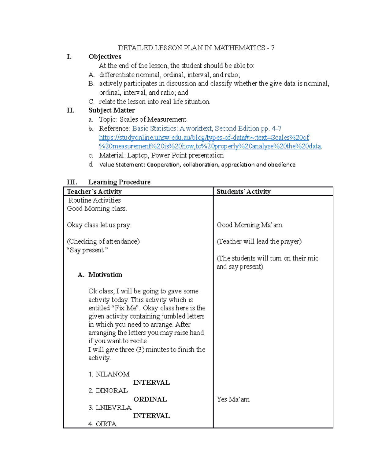DLP- Scale OF Measurement - DETAILED LESSON PLAN IN MATHEMATICS - 7 I ...