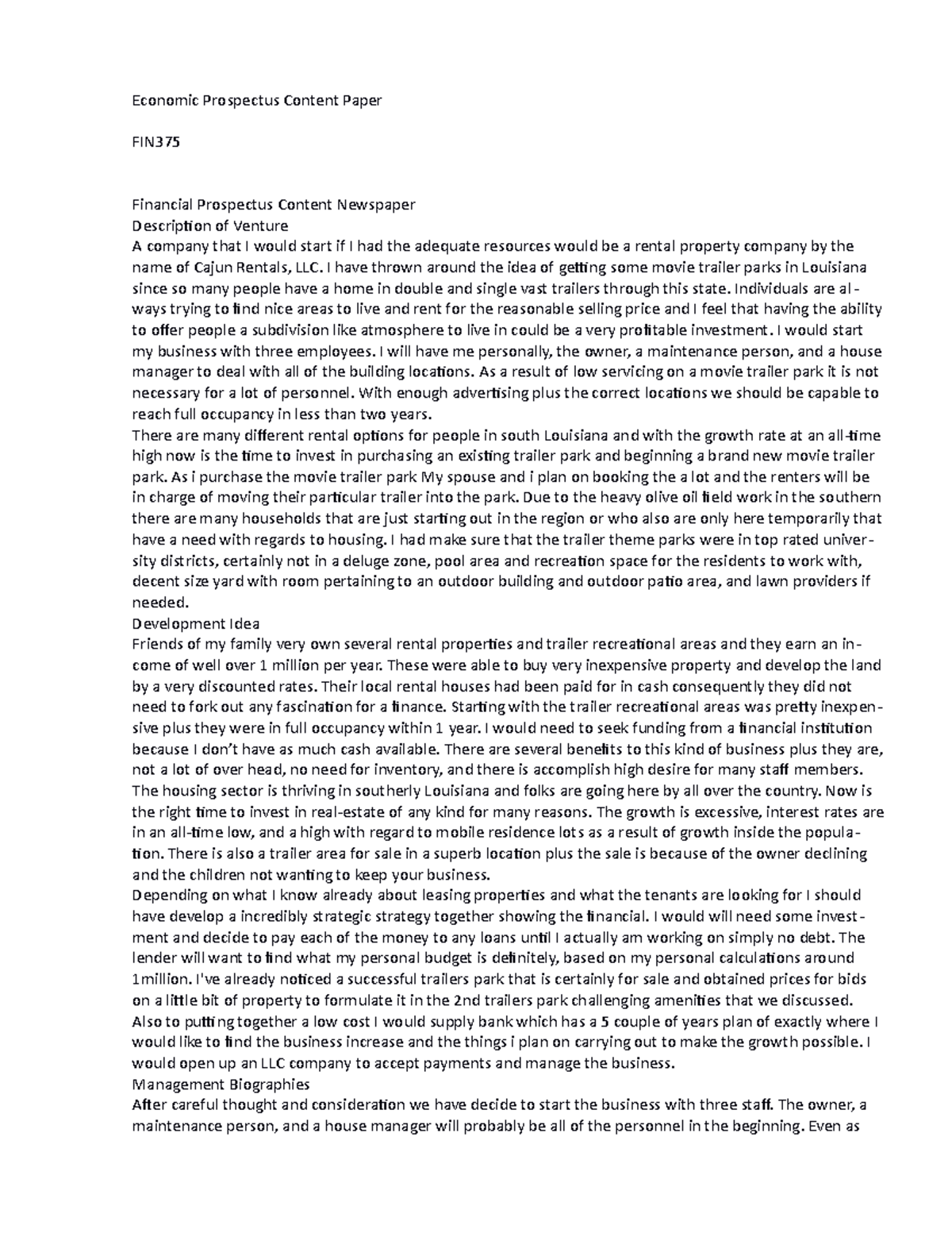 FIN 375 Financial Prospectus Expectations 1 - Economic Prospectus ...