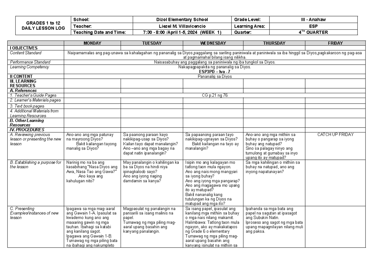 Week 1 - lesson log - GRADES 1 to 12 DAILY LESSON LOG School: Dizol ...