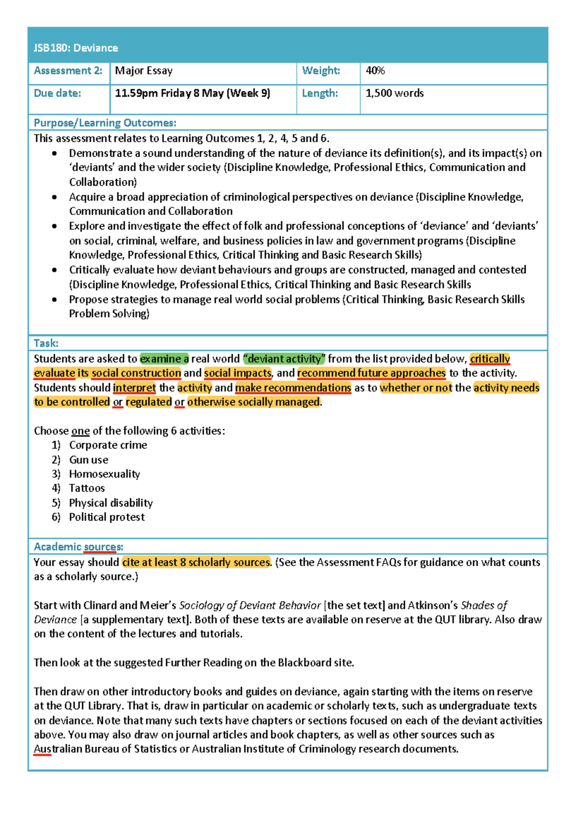 JSB180 Assessment 2 2020 Task Sheet - JSB 180 : Deviance Assessment 2 ...