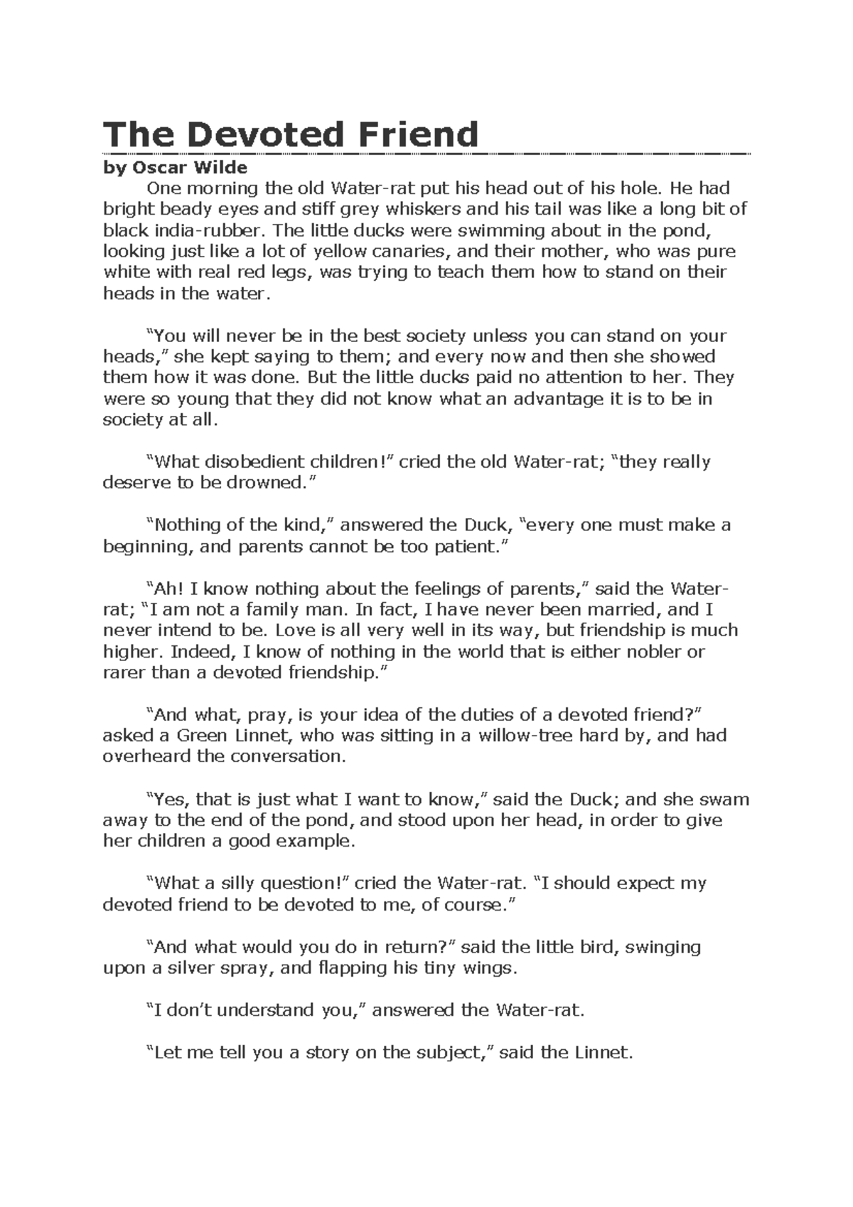 The Devoted Friend - Grade: 9 - The Devoted Friend by Oscar Wilde One ...