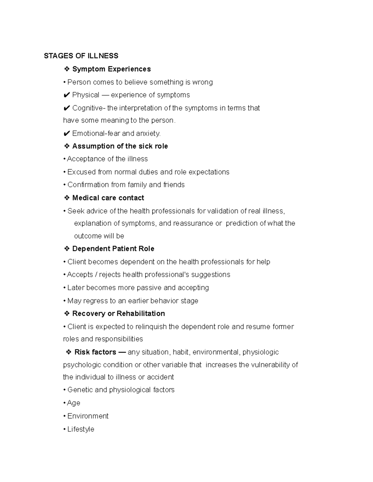 Stages OF Illness - notes - STAGES OF ILLNESS Symptom Experiences ...