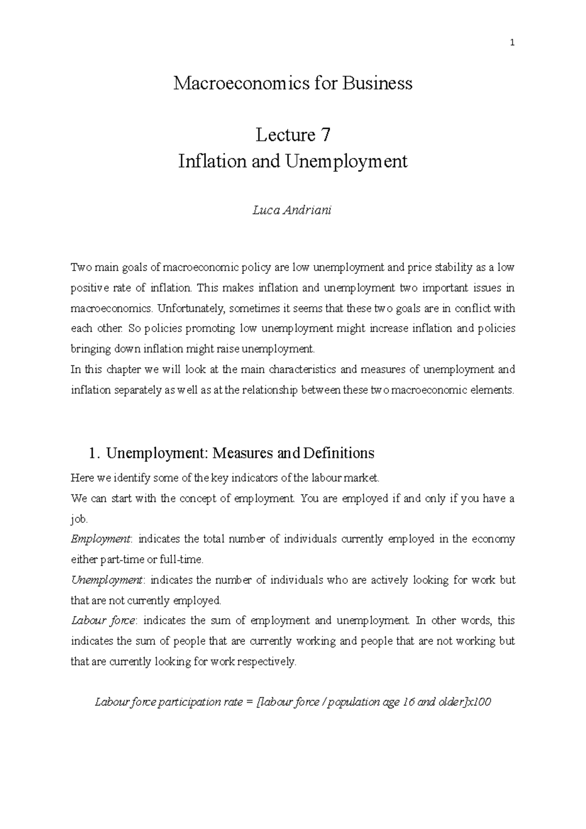 Lecture Notes 7 - Inflation and Unemployment Dr. Luca Andriani ...