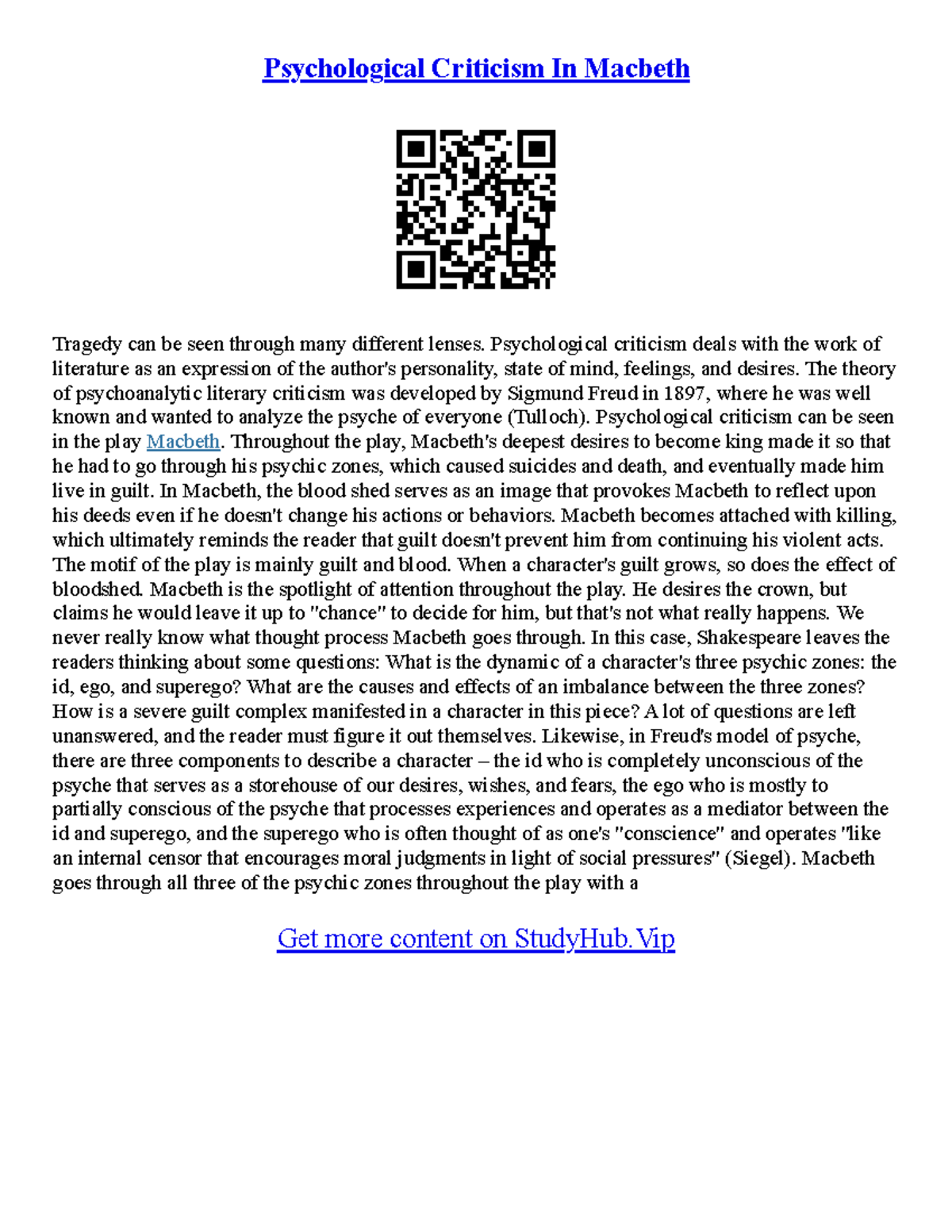 Critical Essay Macbeth - Psychological Criticism In Macbeth Tragedy can ...