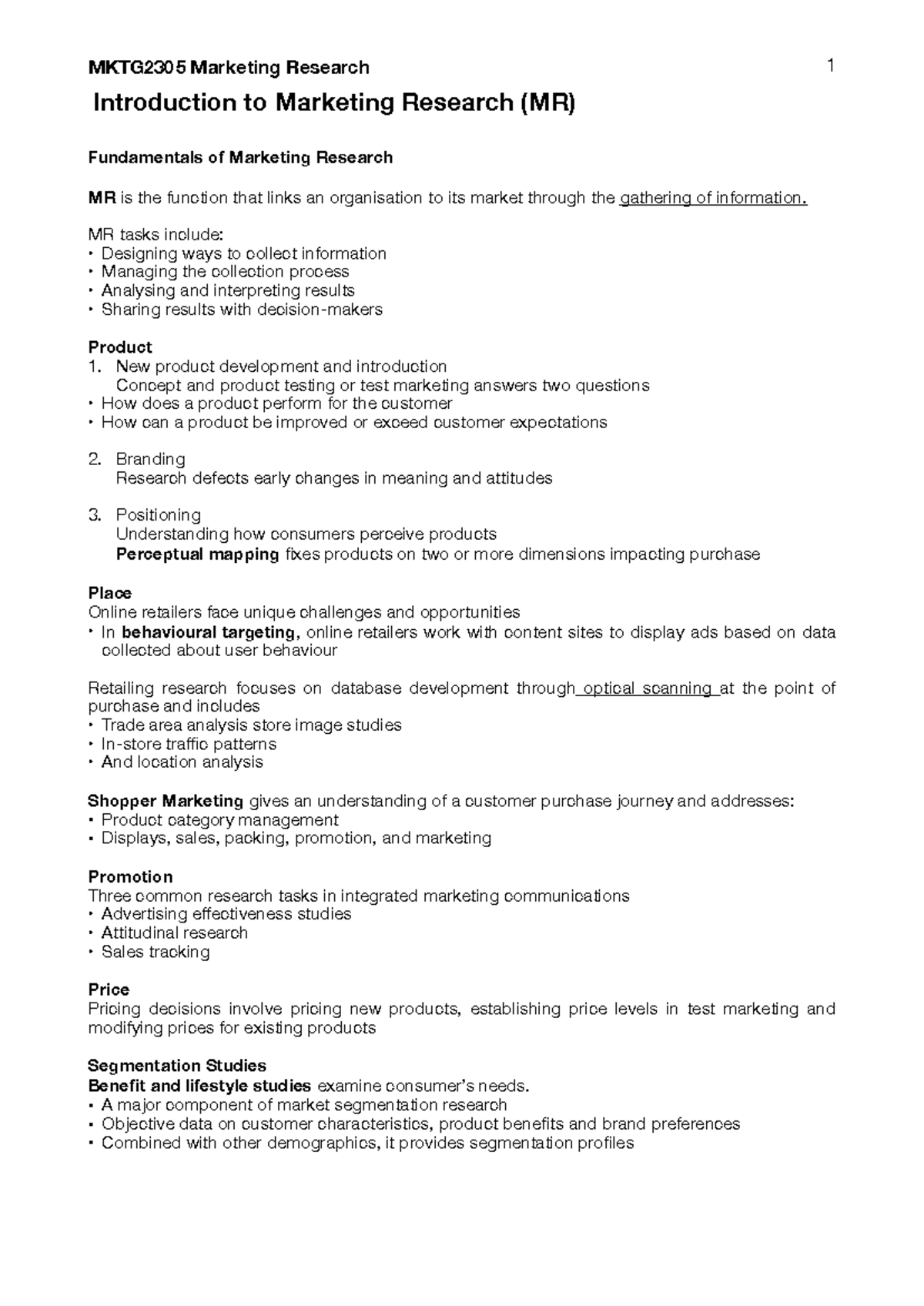 MKTG2305 Notes - .... - Introduction to Marketing Research (MR ...