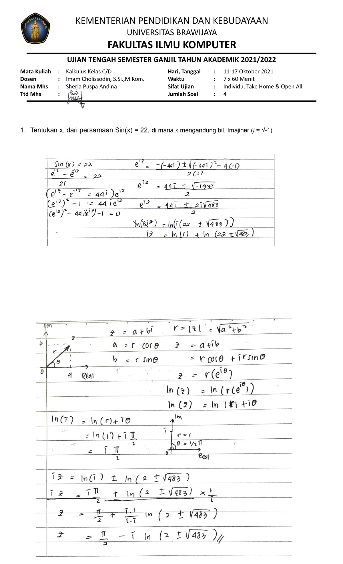 UTS Kalkulus Kelas D Filkom UB 2021 - UJIAN TENGAH SEMESTER GANJIL ...