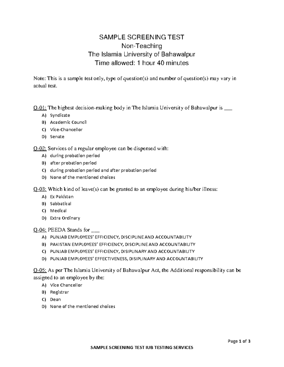 Sample screening test iub testing services - Page 1 of 3 SAMPLE ...