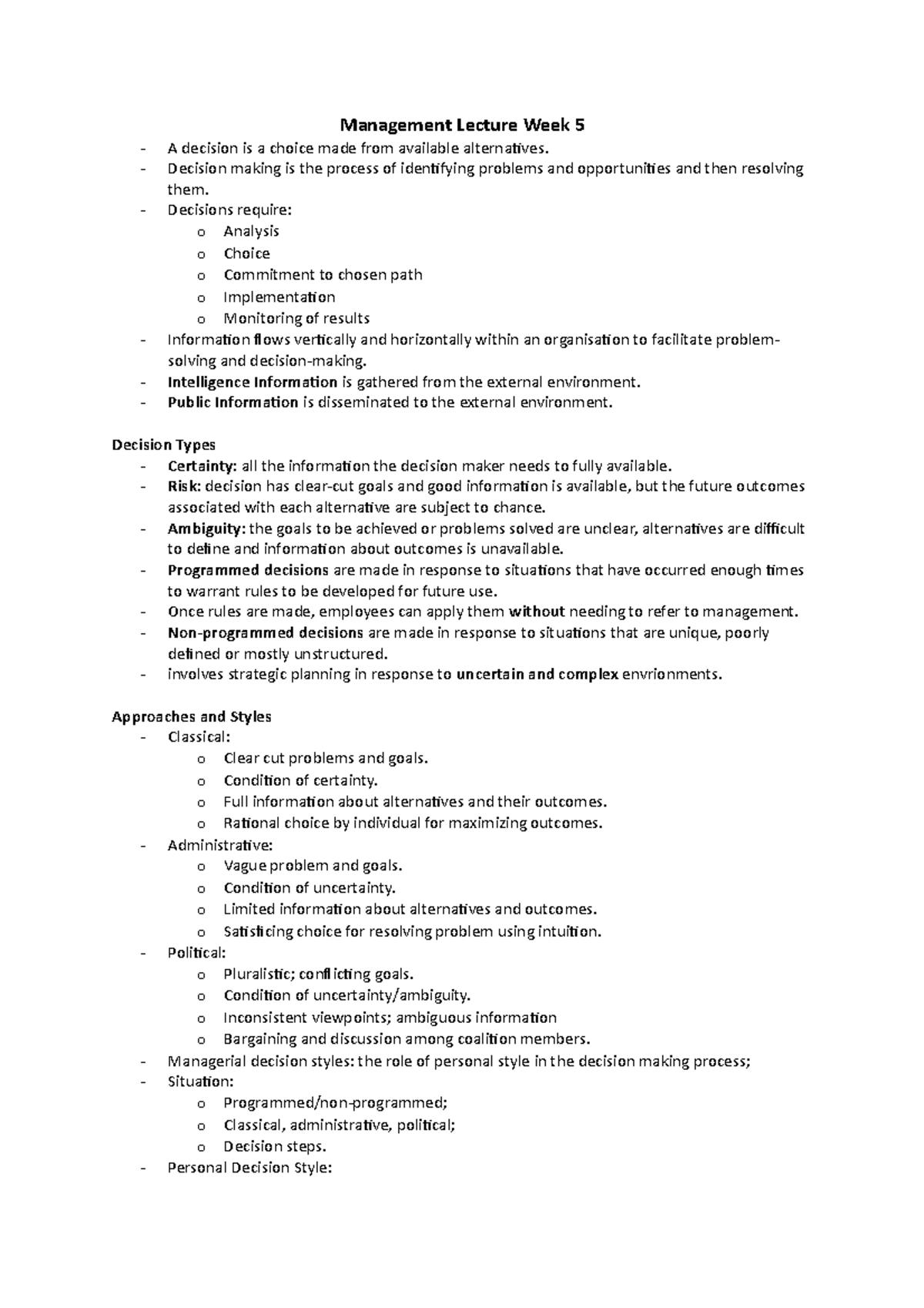 Management Lecture Week 5 - Decision making is the process of ...