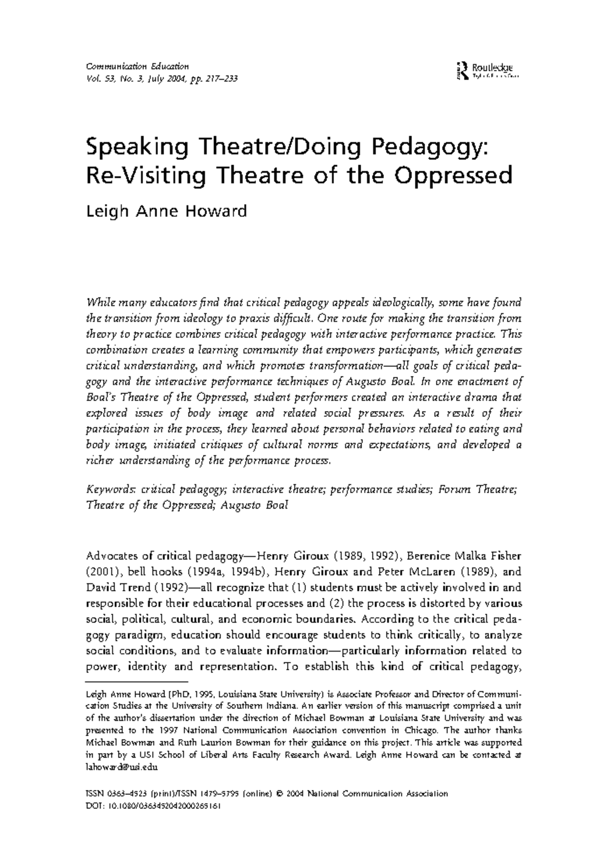Speaking Theatre:Doing Pedagogy - Communication Education Vol. 53, No ...