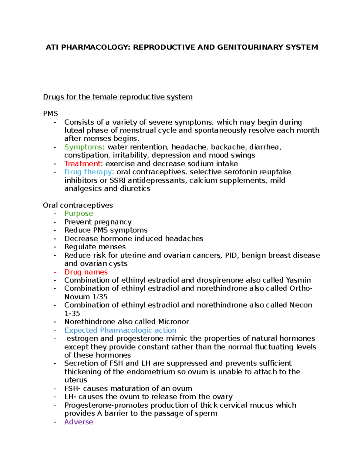 Reproductive notes - ATI PHARMACOLOGY: REPRODUCTIVE AND GENITOURINARY ...