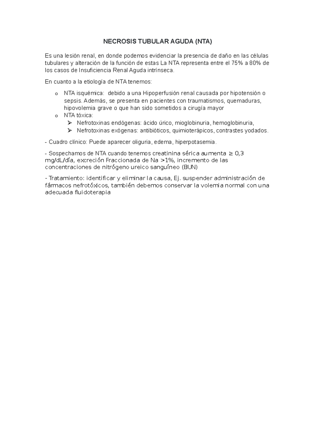 FORO 2- Necrosis Tubular Aguda - NECROSIS TUBULAR AGUDA (NTA) Es una ...