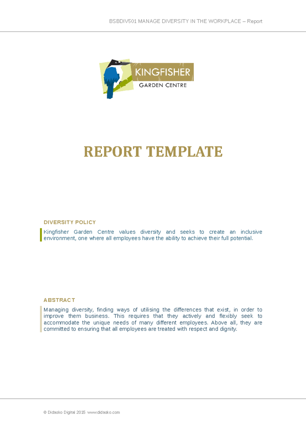 Assessment D Report template - REPORT TEMPLATE DIVERSITY POLICY ...