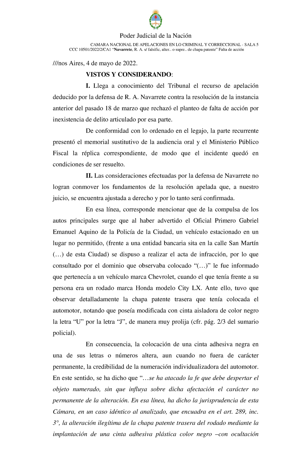 Adulteracion Chapa Patente - Poder Judicial de la Nación CCC 10501/2022 ...