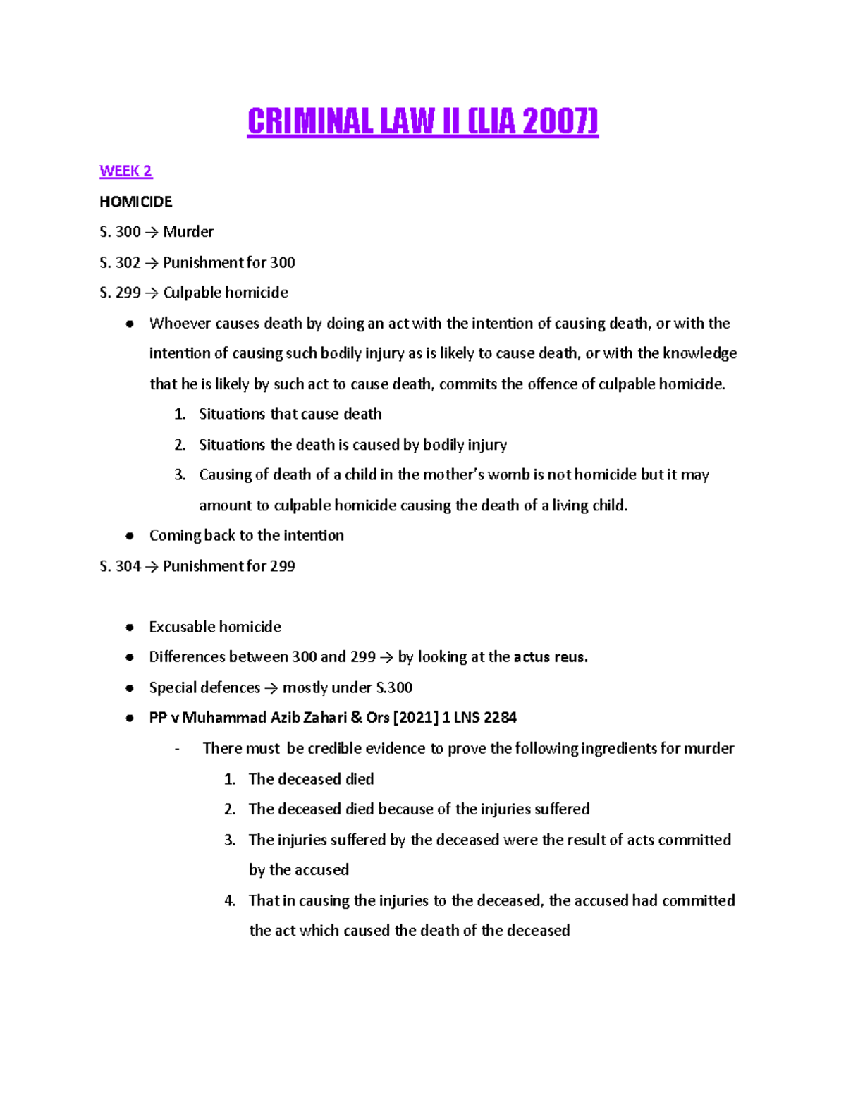 Criminal notes week 1 - CRIMINAL LAW II (LIA 2007) WEEK 2 HOMICIDE S ...
