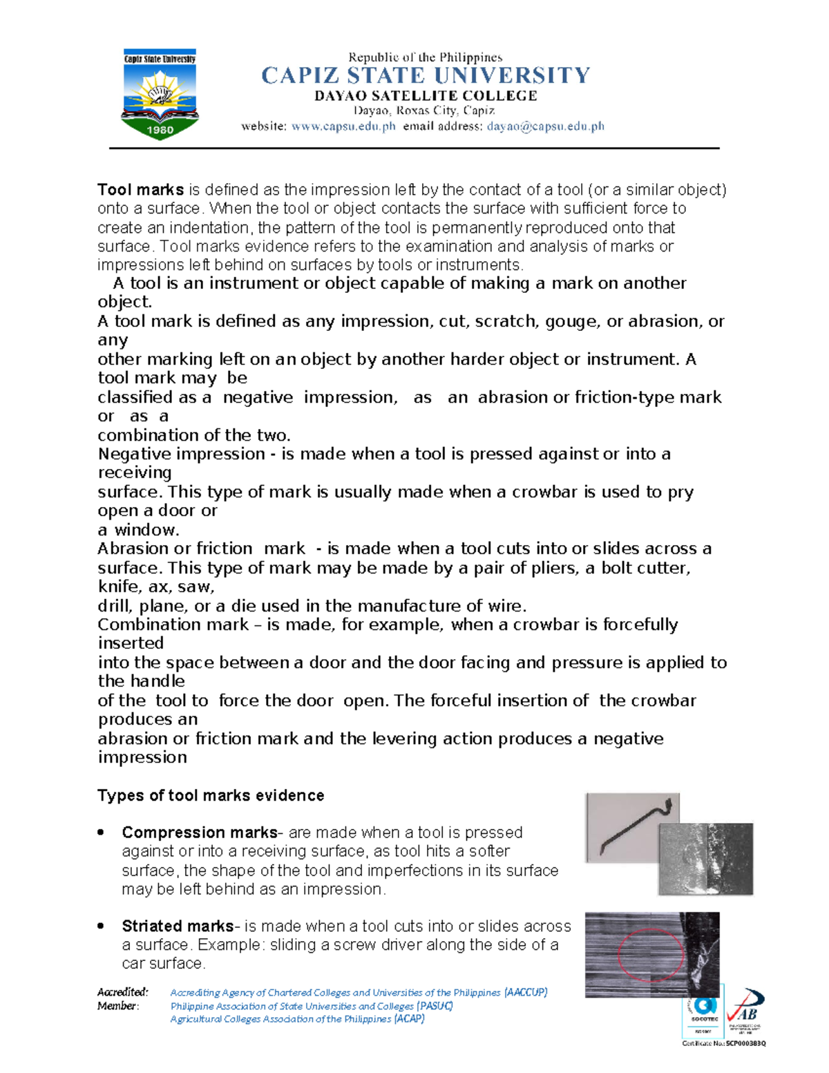 Toolmarks Report to print - Tool marks is defined as the impression ...
