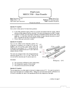 Heat Transfer Final Exam 2015 - 1 Final exam MECH 3705 – Heat Transfer ...