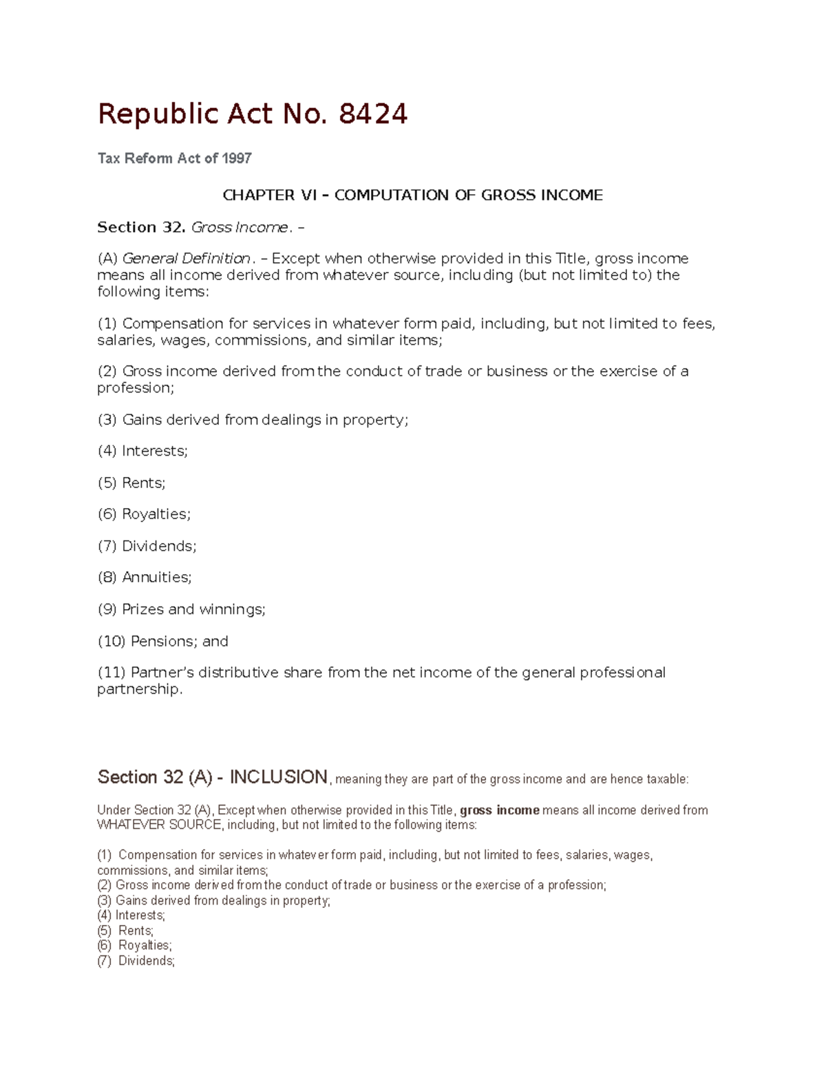 Gross income - Republic Act No. 8424 Tax Reform Act of 1997 CHAPTER VI ...