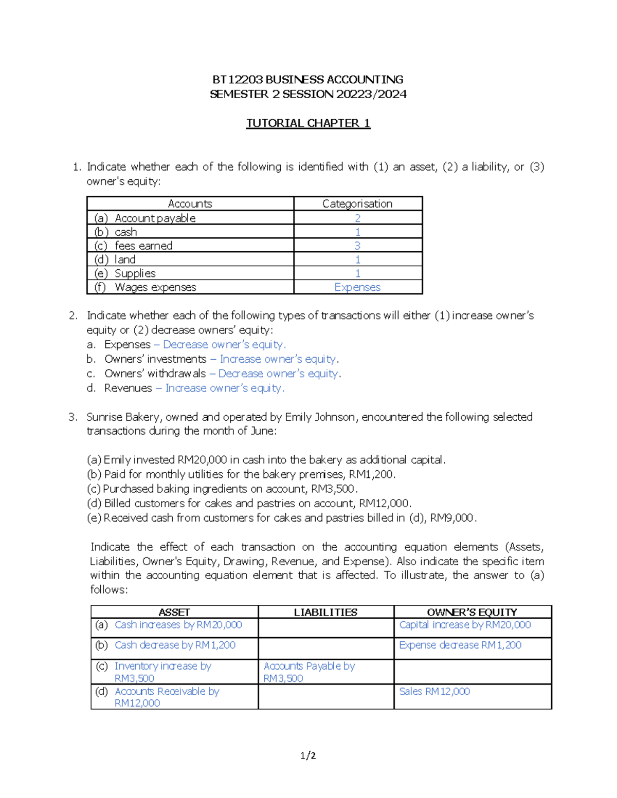 BT12203- Tutorial Chapter 1 - 1 / BT12203 BUSINESS ACCOUNTING SEMESTER 2 SESSION 202 23 /202 4 ...