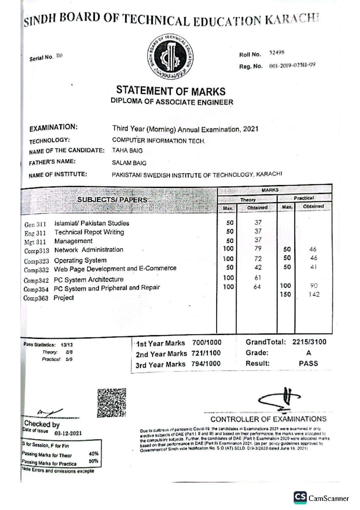 DAE marksheet - Visual Programing - CamScanner - Studocu