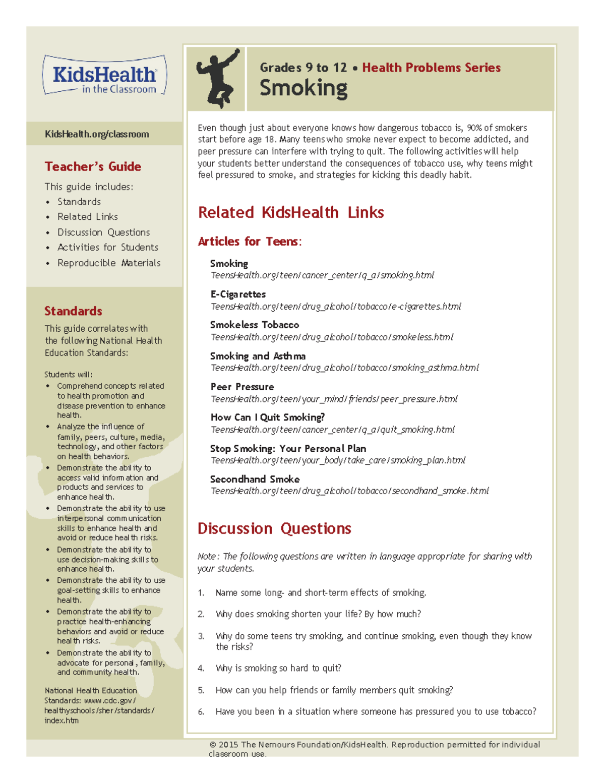 Smoking - KidsHealth/classroom Teacher’s Guide This guide includes ...