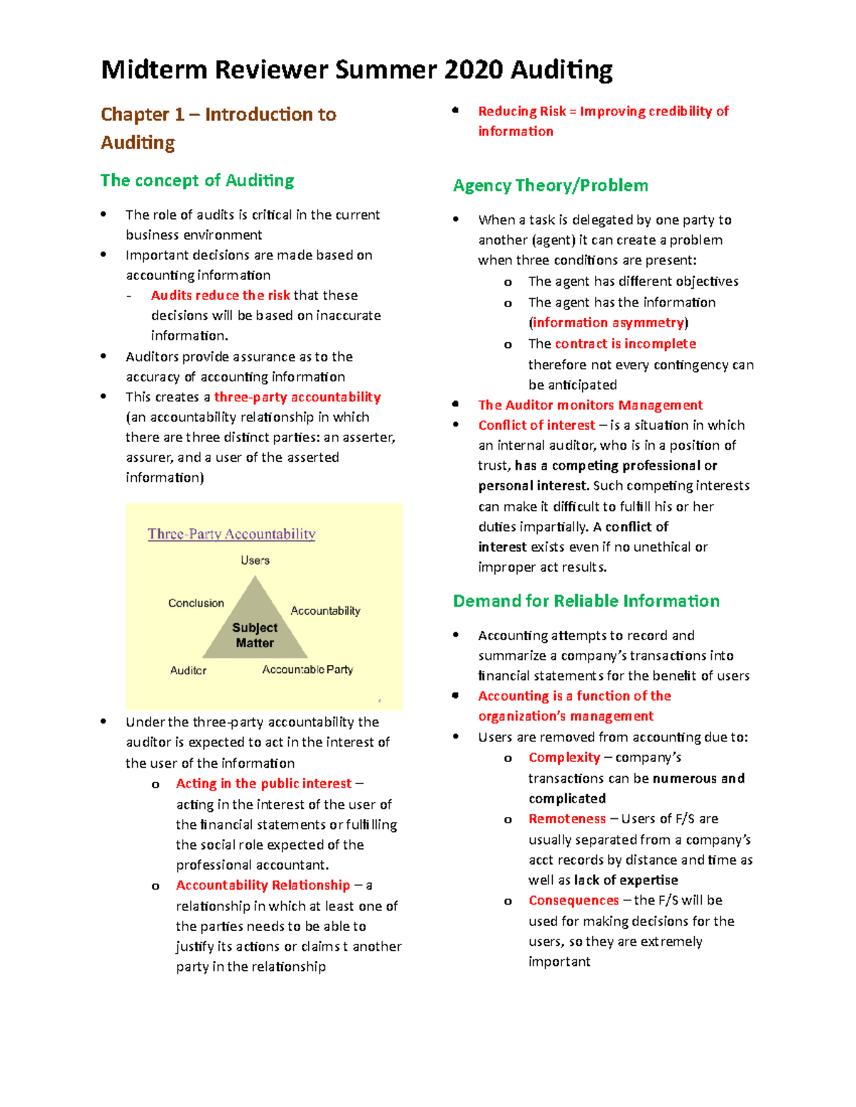 Midterm Reviewer - Audit - Chapter 1 – Introduction to Auditing The concept of Auditing The role ...