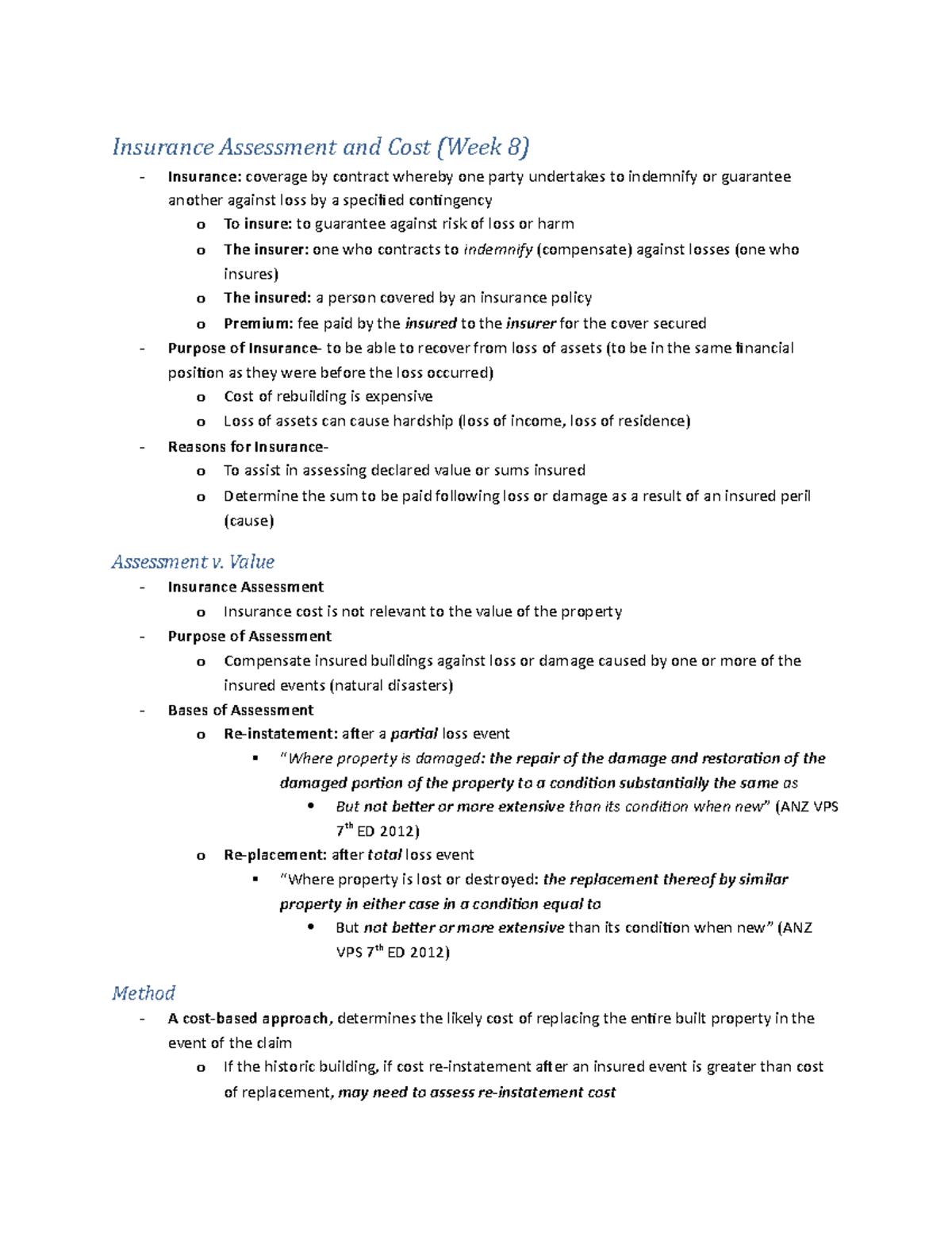 Insurance Assessment and Costweek 8 - Value Insurance Assessment o ...