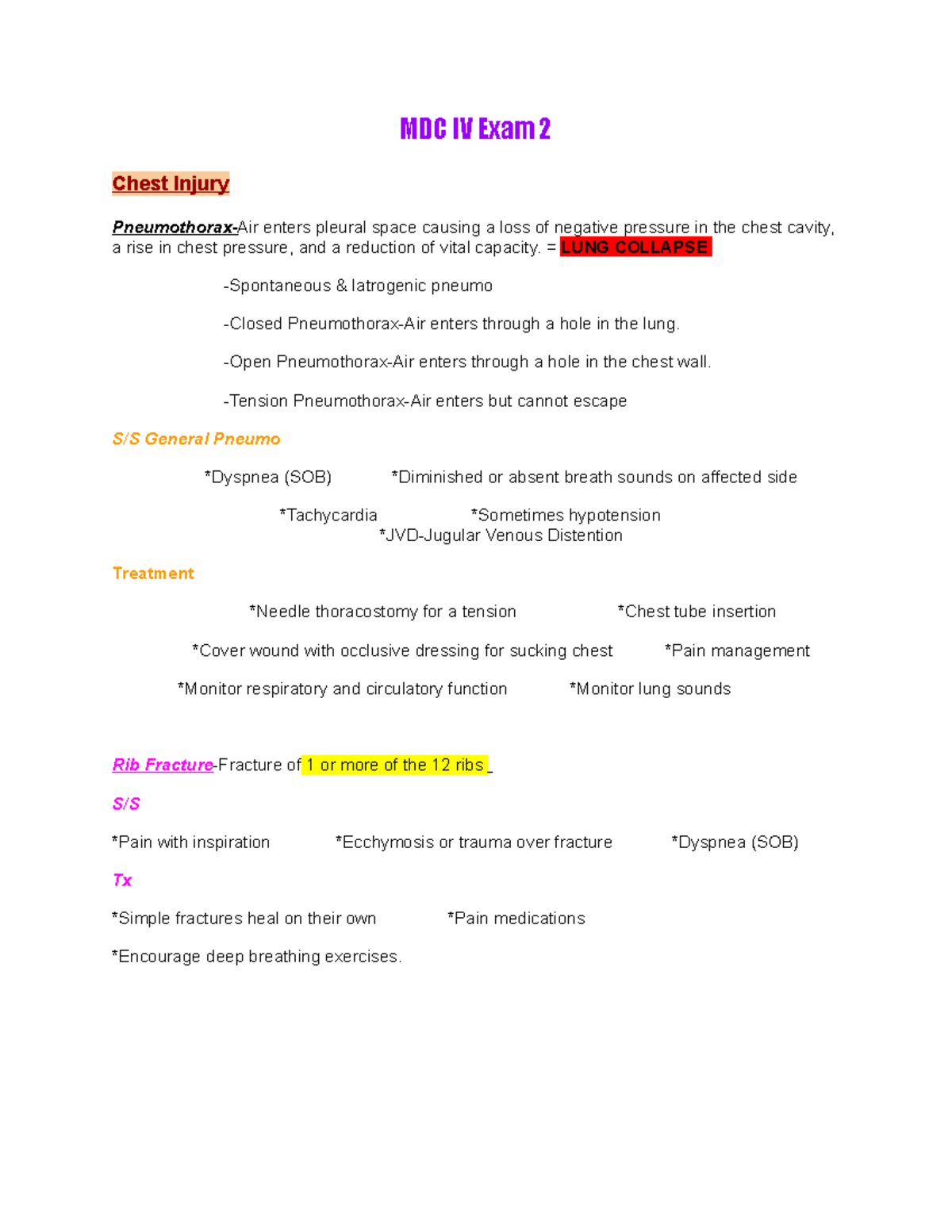 Notes to assist in studying for MDC 4 Ex 2 - MDC IV Exam 2 Chest Injury ...