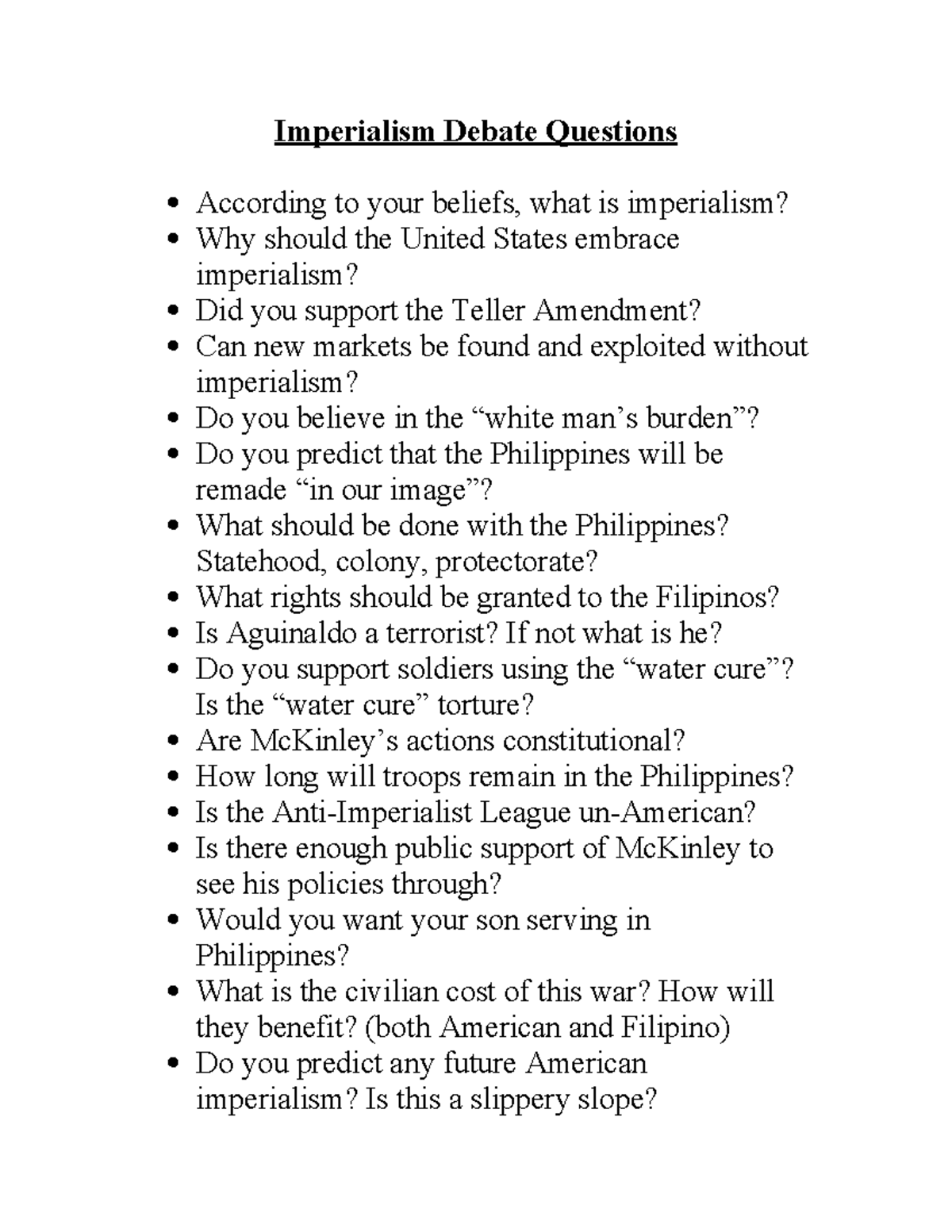 Imperialism Debate Questions - Studocu
