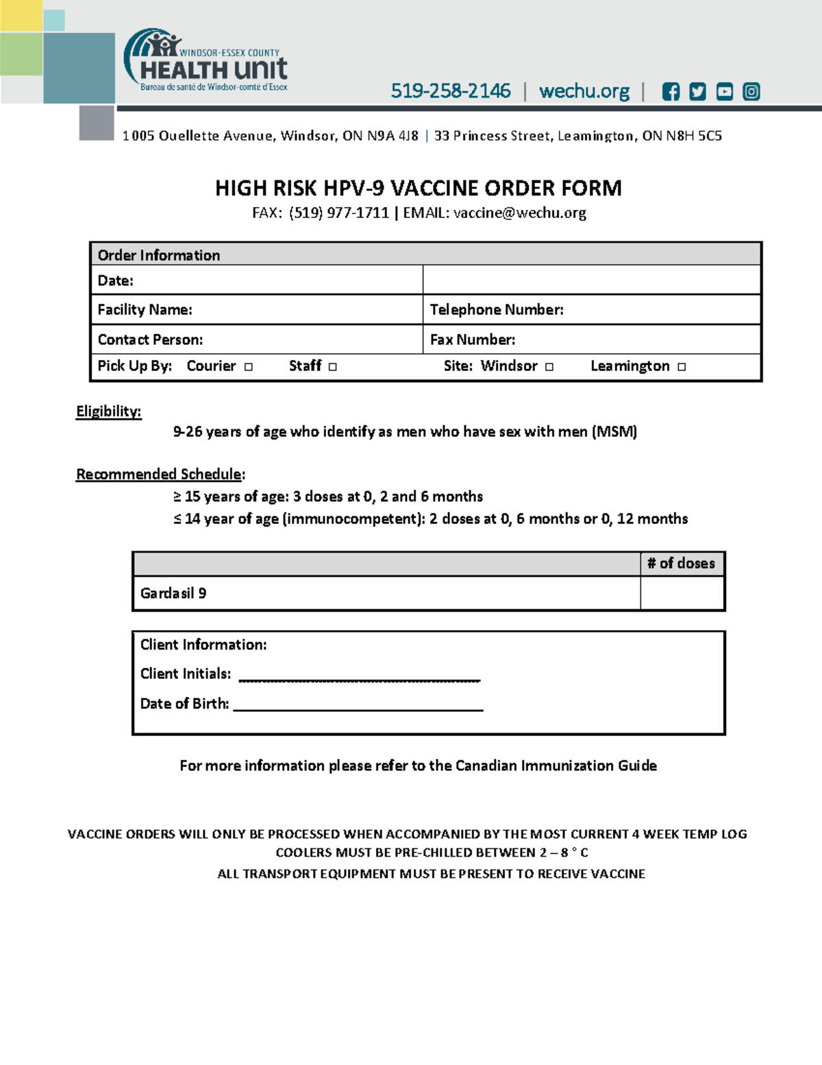 HPV high risk hpv 9 vaccine order form - 519 - 258 - 2146 | wechu ...