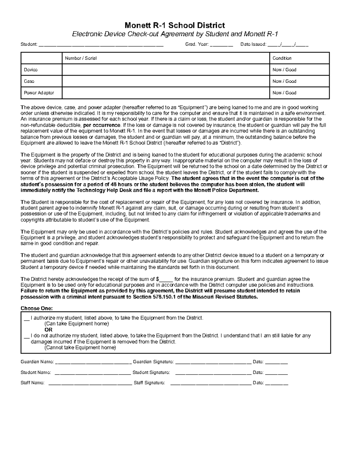 Computer Check-out Agreement - Student 2020 - Monett R-1 School ...