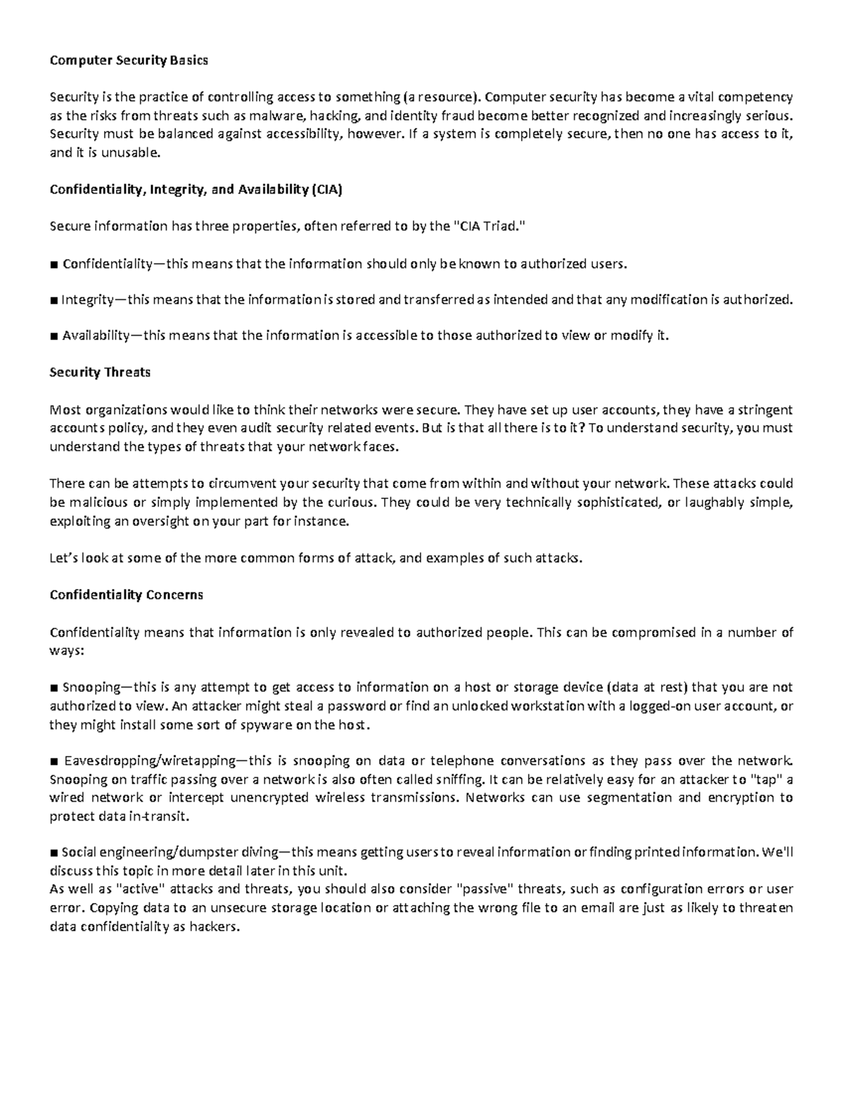 Week 12 Module - Computer Security Basics Security is the practice of ...