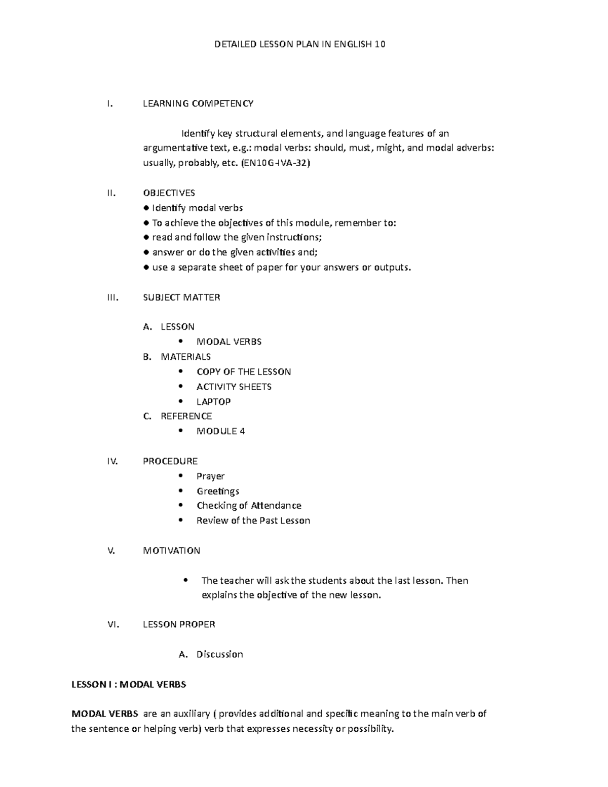DLP ENG 10 Modal Verbs - For Educational Purposes - DETAILED LESSON ...