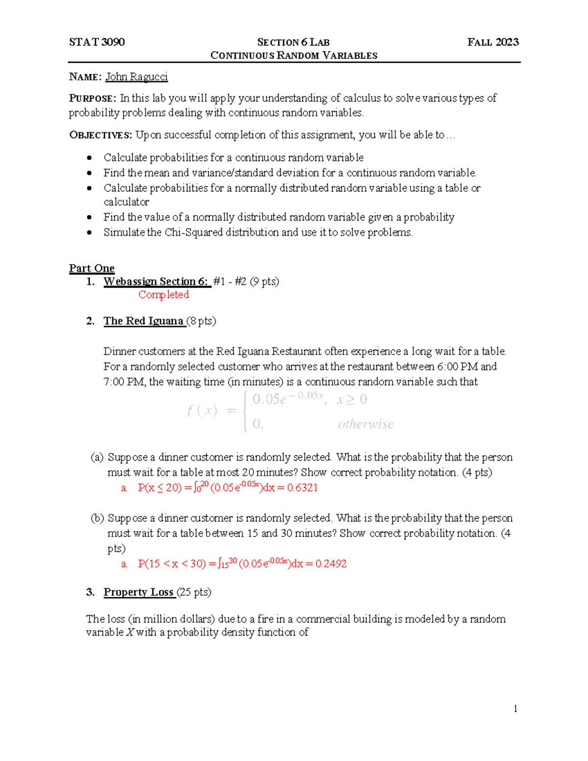 Sec 6 Lab Lab Continuous Random Variables Name John Ragucci