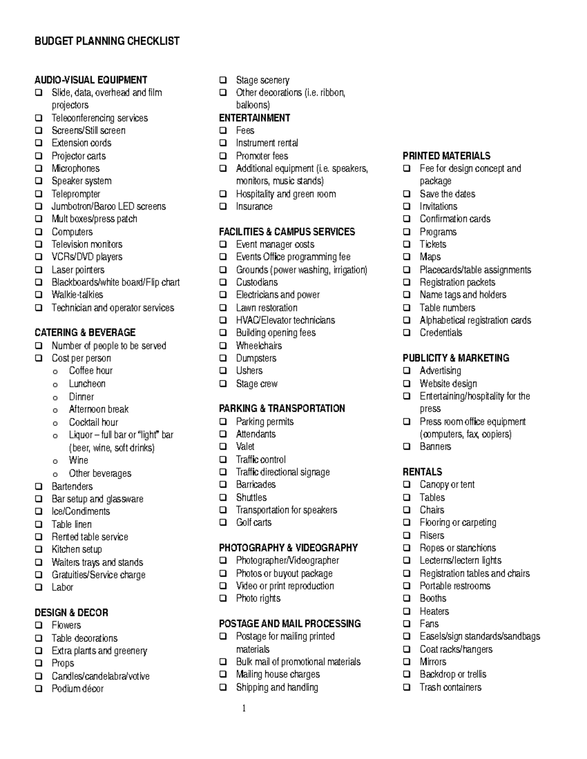 Budget Planning Checklist - BUDGET PLANNING CHECKLIST AUDIO-VISUAL ...