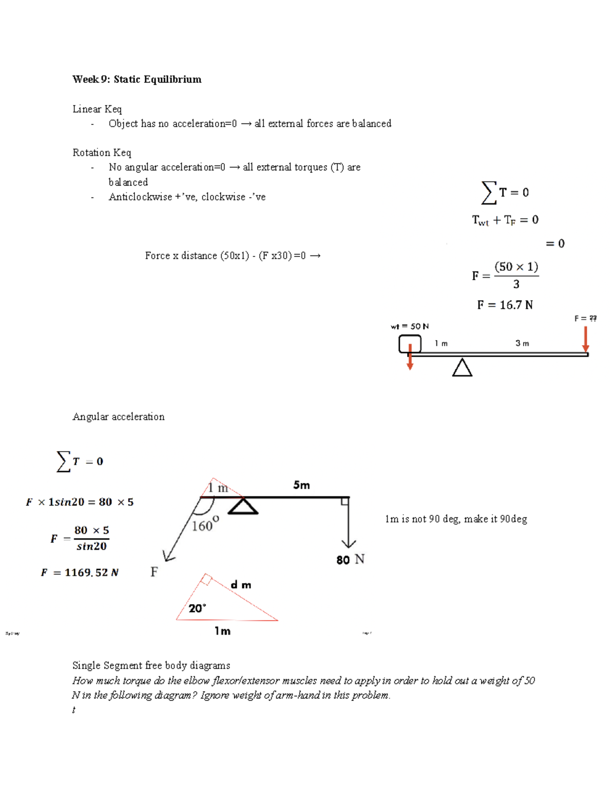 Static equilibrium - biomechanics equations and questions - Week 9: Static Equilibrium Linear ...