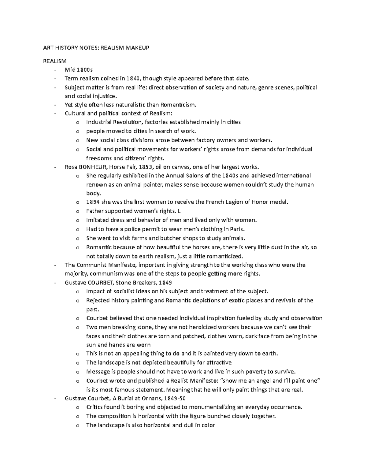 ART History Notes - ART HISTORY NOTES: REALISM MAKEUP REALISM Mid 1800s ...