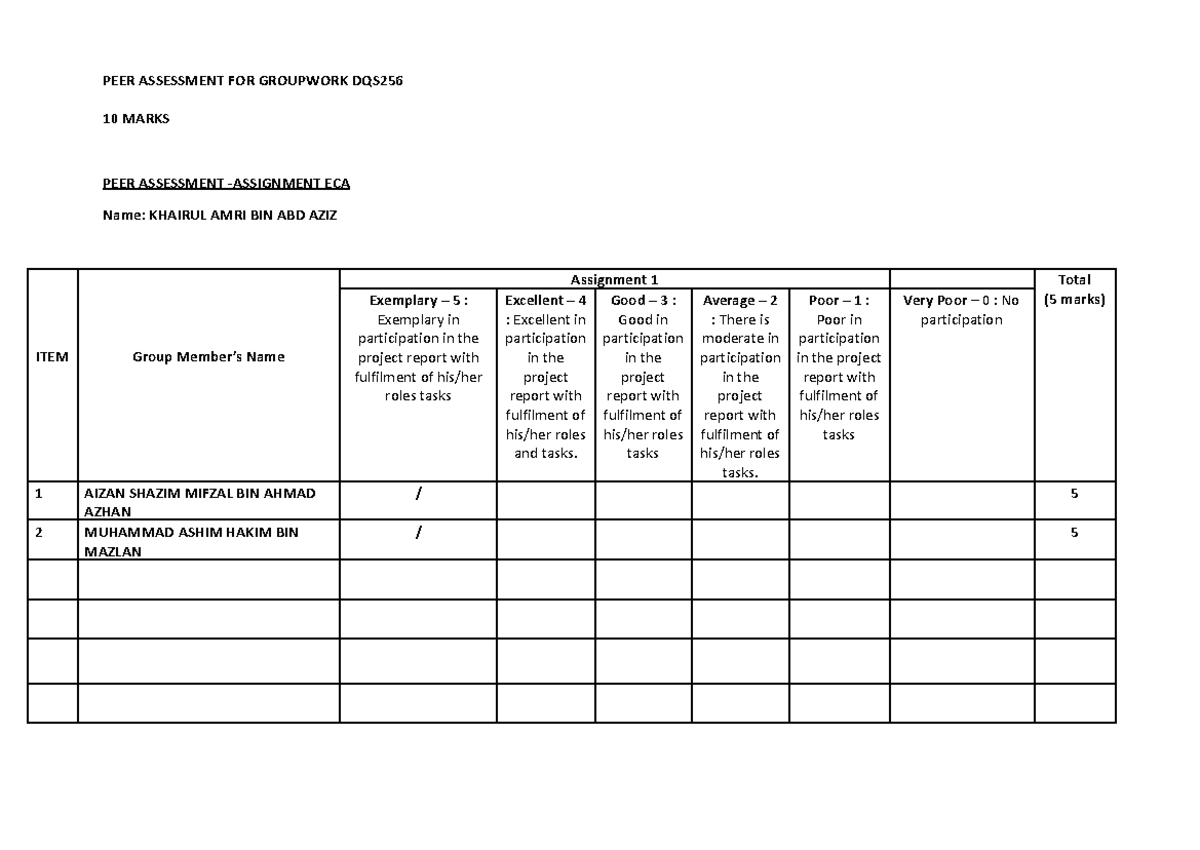 PEER Assessment Assignment ECA FORM DQS256 - PEER ASSESSMENT FOR GROUPWORK DQS 10 MARKS PEER ...