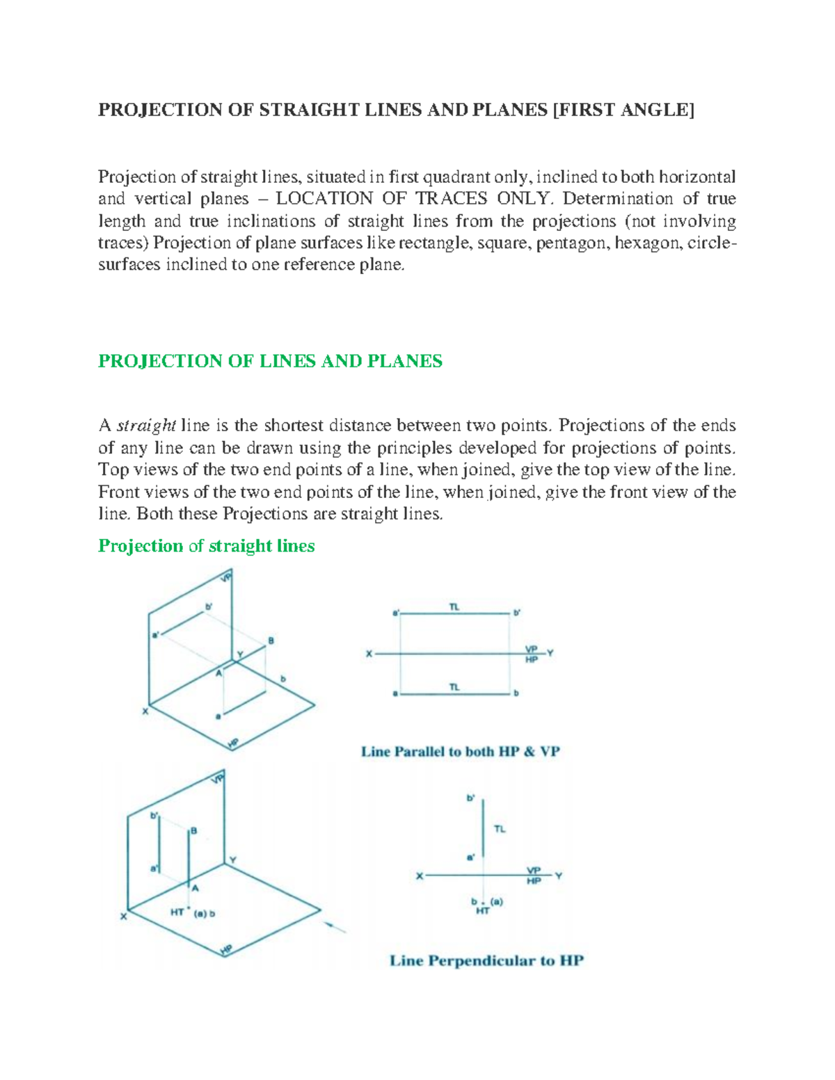 Projection OF Straight Lines AND Planes [ First Angle] - PROJECTION OF ...