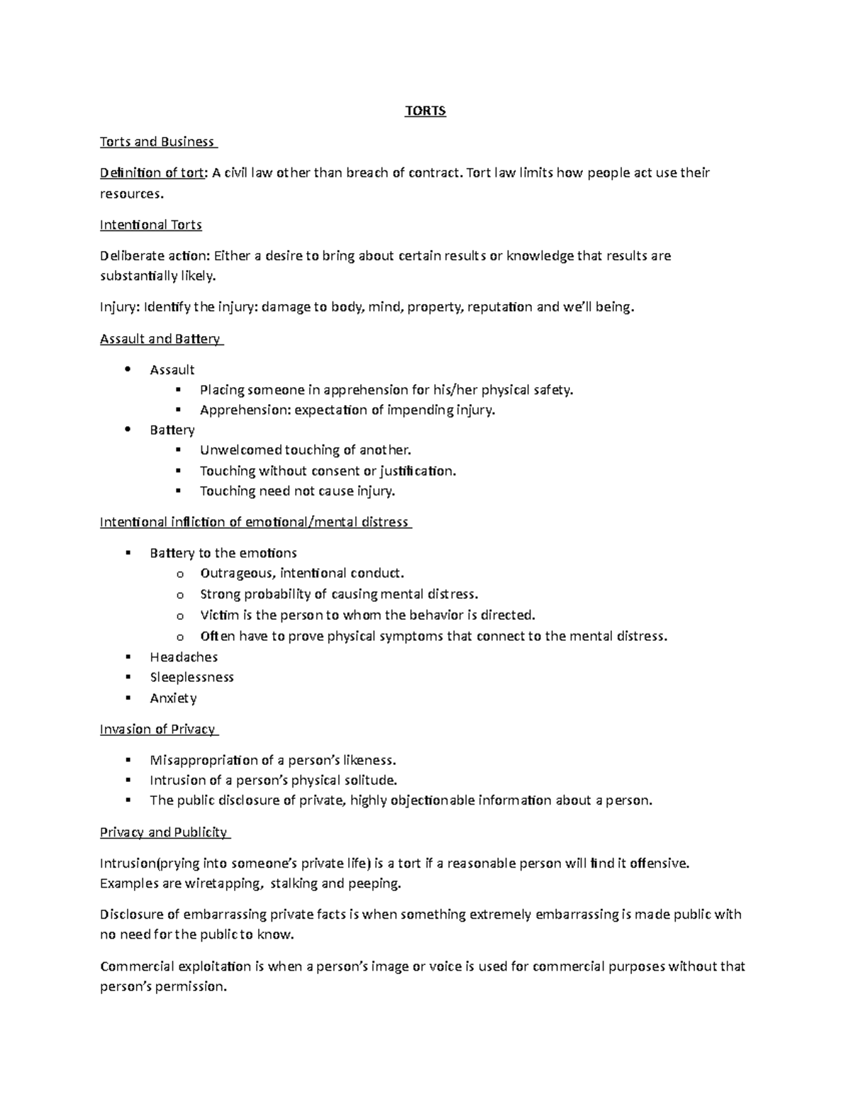 TORTS AND BUSINESS - TORTS Torts and Business Definition of tort: A ...