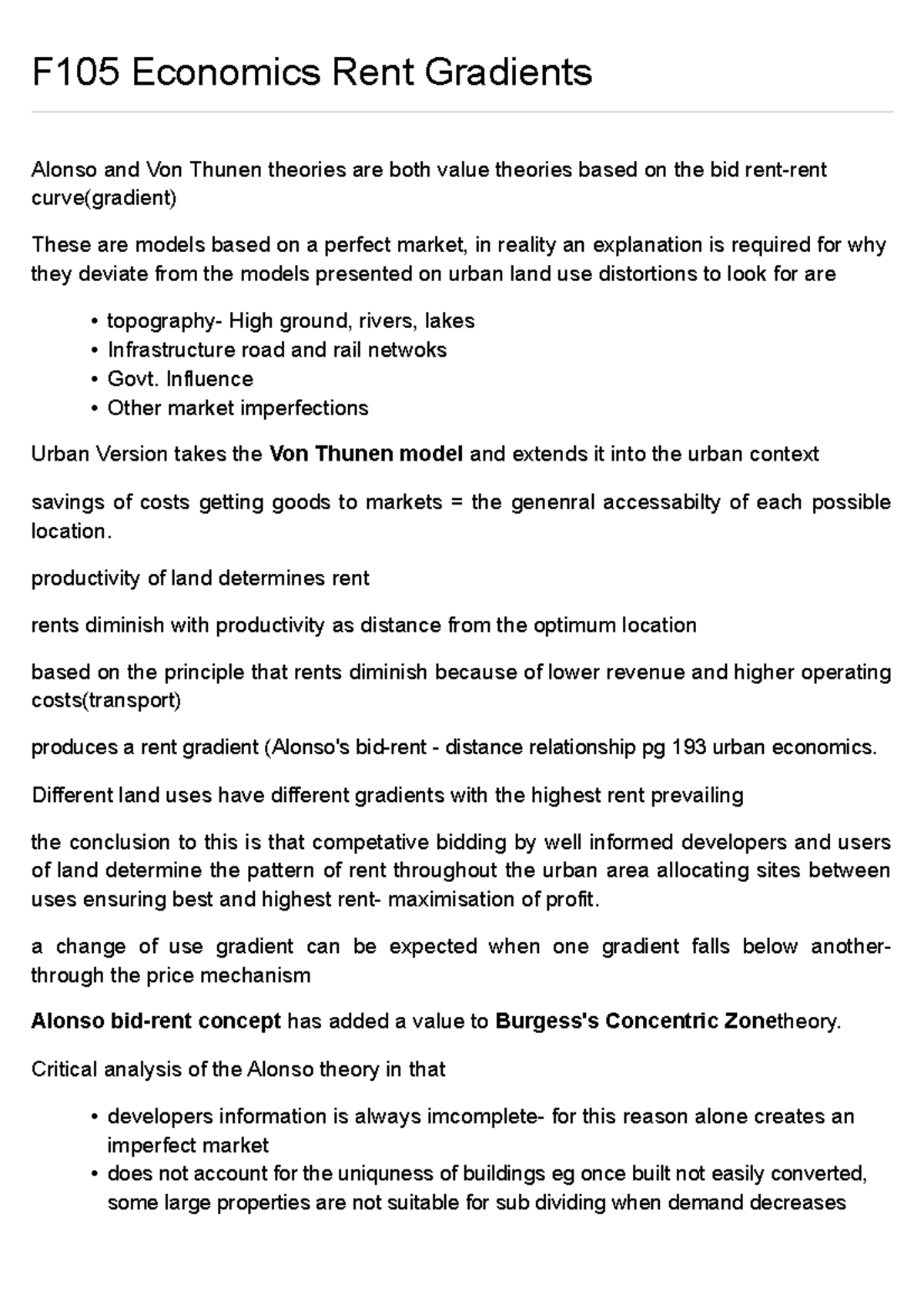 F105 Economics Rent Gradients - Influence Other market imperfections ...