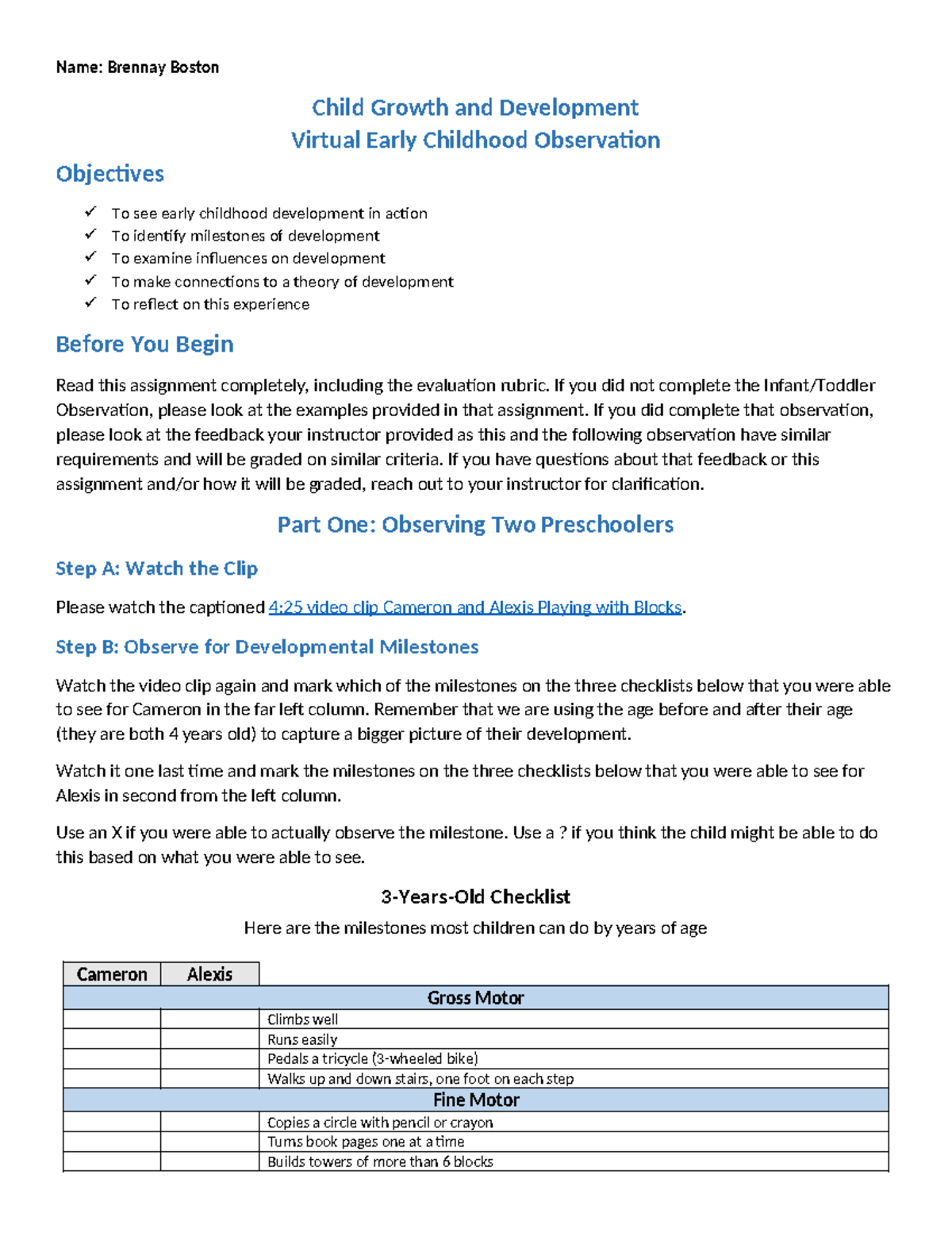 Virtual Early Childhood Observation - Name: Brennay Boston Child Growth ...
