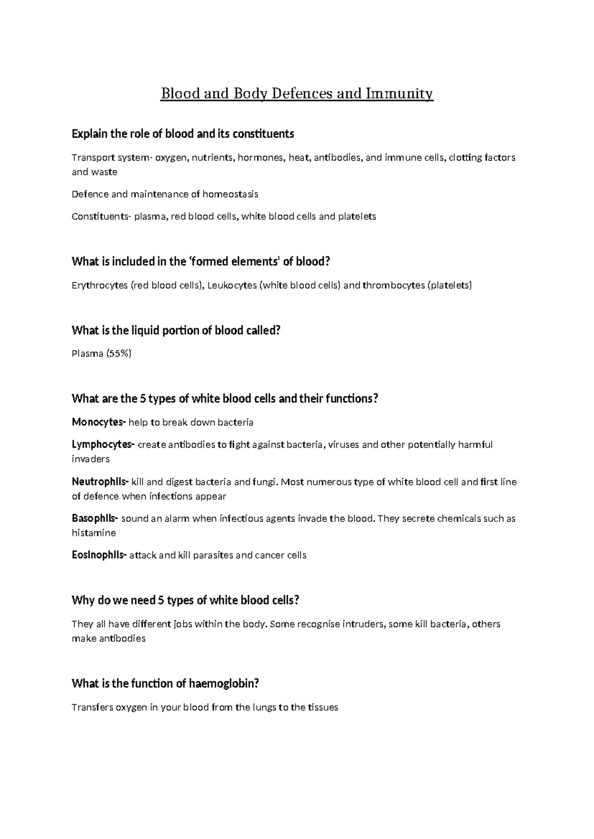 Blood and Body Defences and Immunity Revision - Blood and Body Defences ...