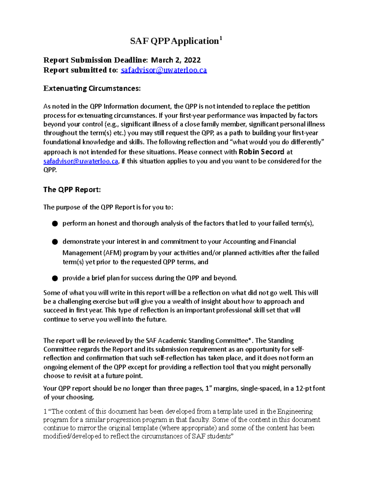 SAF QPP Relection Application - Winter 2022 - Afm 191 - UWaterloo - Studocu