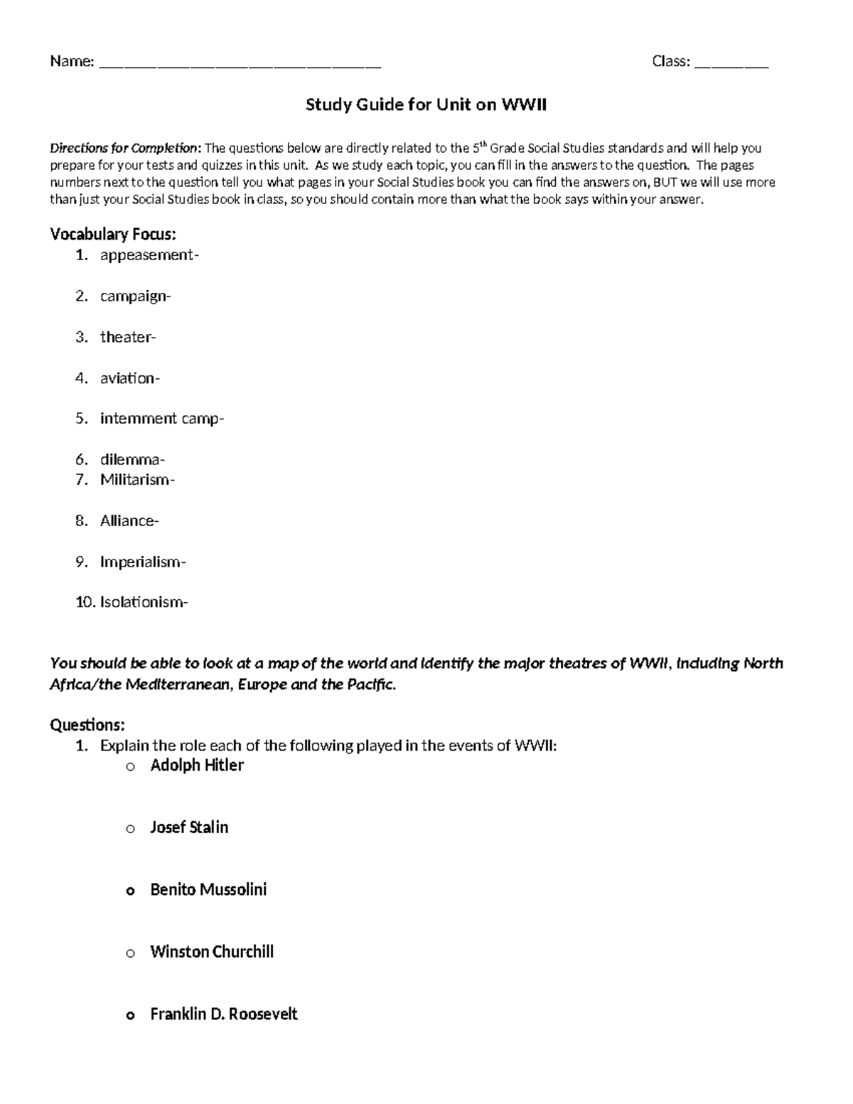 World War II Study Guide common assessment - Name ...