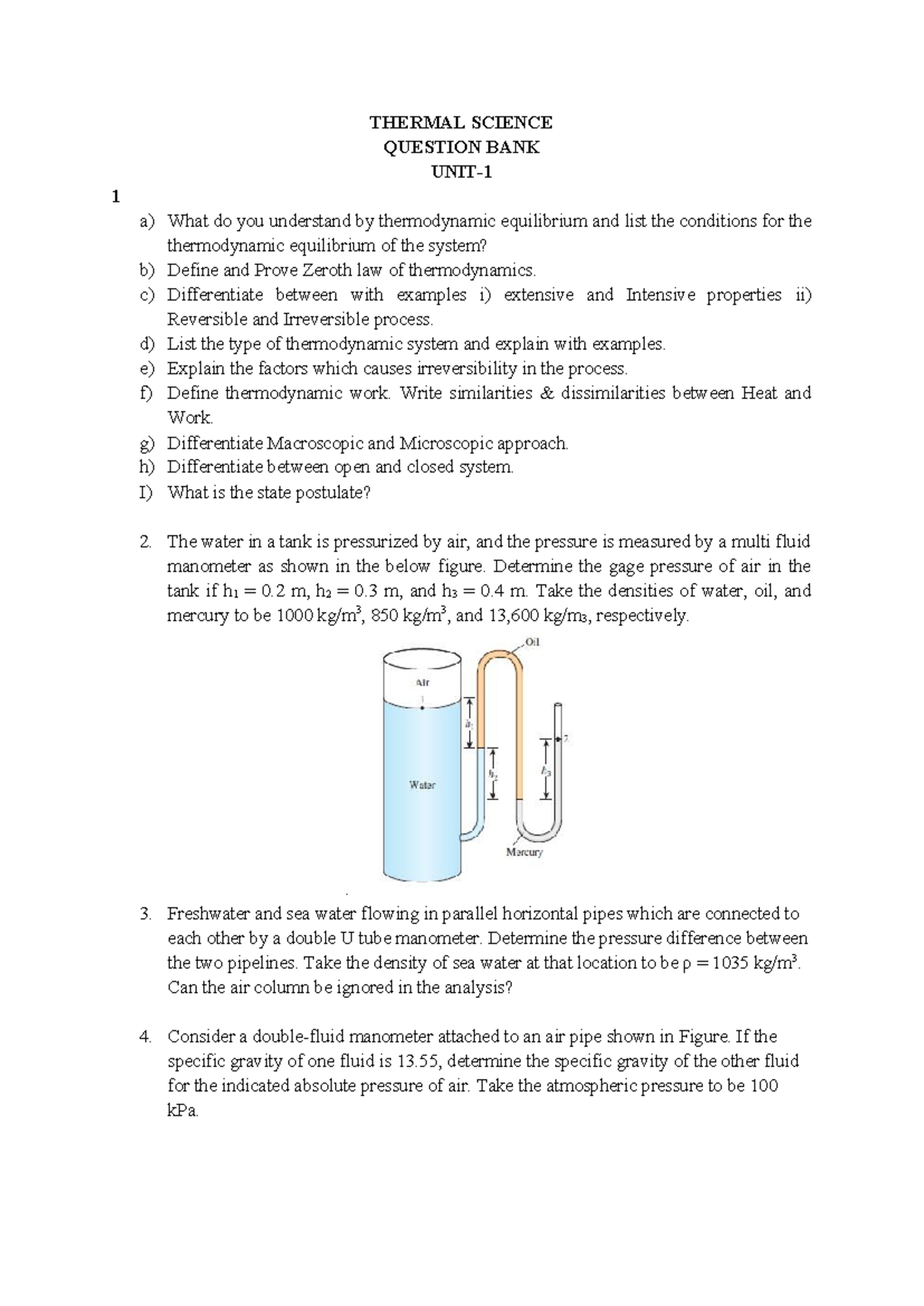 Thermal Science Assignment QP-1 - THERMAL SCIENCE QUESTION BANK UNIT- 1 ...