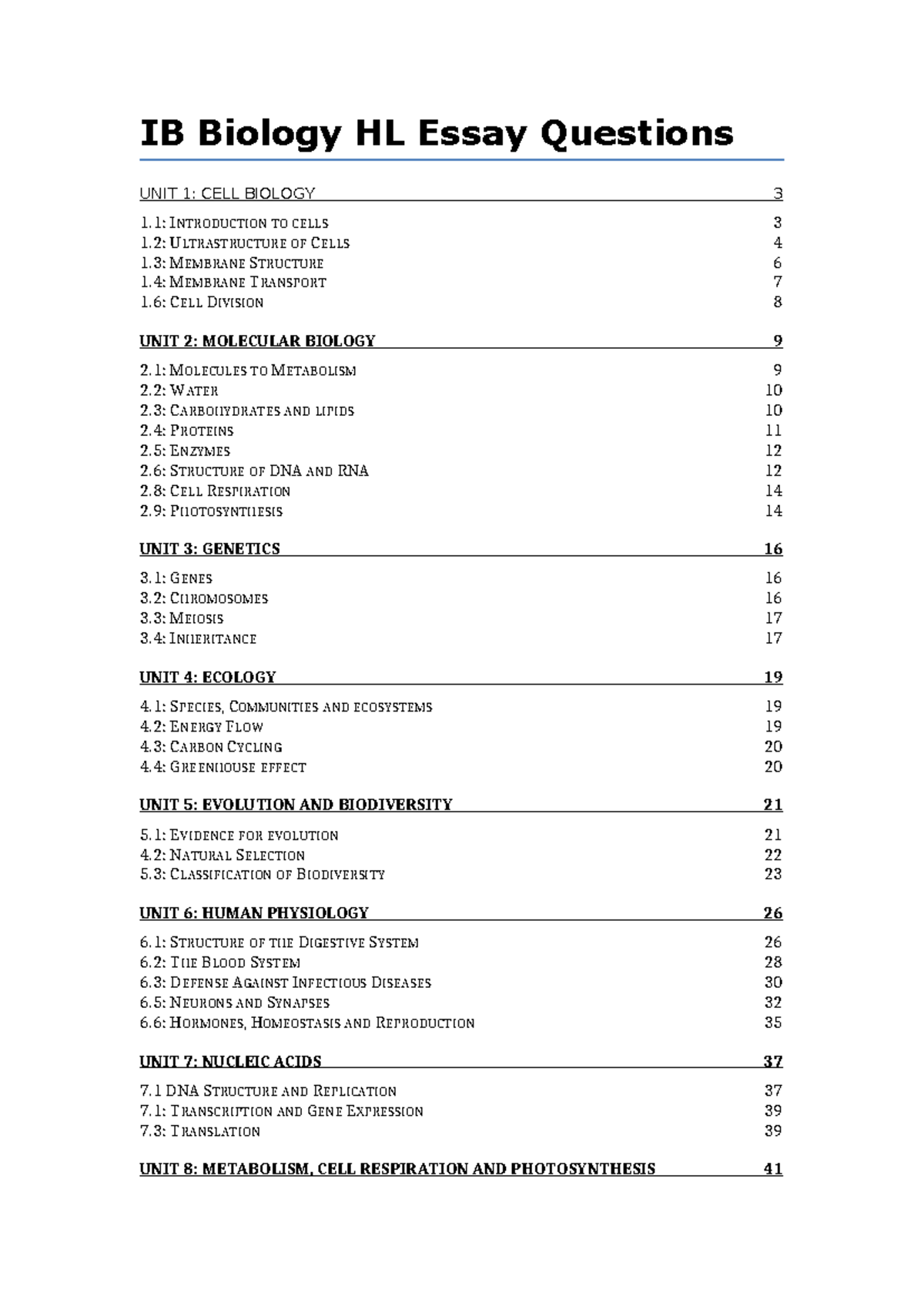 Biology Topics IB - IB Biology HL Essay Questions UNIT 1: CELL BIOLOGY ...